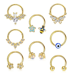 JOERICA 16G Septum Jewelry for Women Stainless Steel Horseshoe Septum Rings Cute Bee Flower Butterfly Claw Evil Eye Bead Rings Cartilage Earrings Hoop Helix Rook Daith Septum Piercing Jewelry 8/10MM