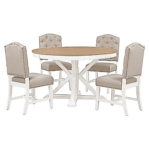 LUMISOL Round Extendable Dining Table Set for 4-6 Persons Rustic Solid Wood 5 Piece Kitchen Dining Set with 4 Upholstered Chairs Farmhouse Round Dining Table for Small Space, Oak Natural Off White