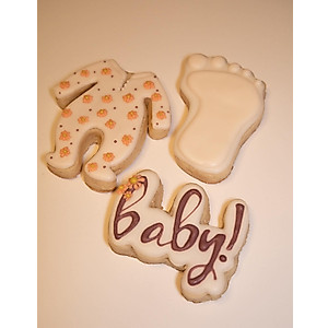 BABY SHOWER SPRINKLE COOKIE CUTTERS Baby Welcome Home Special Occasion Celebration Footie Pajamas With Cursive Word Handwriting And Infant Footprint Cookie Cutters (3 pack)