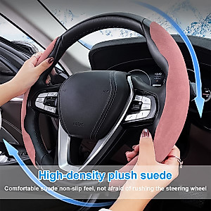 Car Steering Wheel Cover, Microfiber Suede Leather and Carbon Fiber Double Sided Design, Warm in Winter and Cool in Summer, Breathable Non Slip Segmented Protector for Most Cars (Turn Fur/Pink)