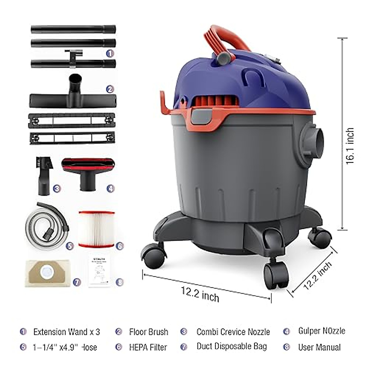 Stealth Wet/Dry Vacuum 5 Gallon, 5.5 Peak HP Shop Vacuum with Blower for Home, Garage, Car, Workshop,EMV051