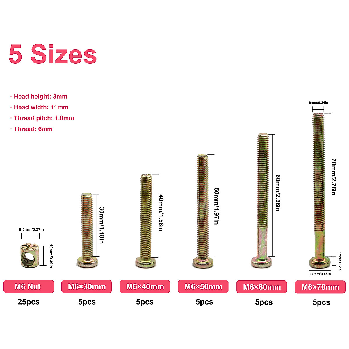 M6 Baby Crib Bolts Replacement Kit, cSeao 50pcs M6x30mm/ 40mm/ 50mm/ 60mm/ 70mm Zinc Plated Socket Cap Screw Kit for Chairs Bunkbed Cot Furniture