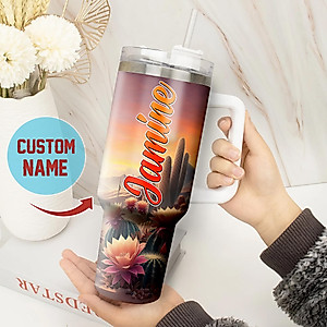 WAZONE Personalized Just A Girl Who Loves Cactus Tumbler 40oz with Handle and Straw Insulated Stainless Steel Tumblers Custom Coffee Cup Themed Gifts Holiday For Women Mothers Her Plant Lover