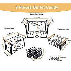 TQVAI 3 Tier Buffet Caddy(Set of 9) Napkin Plate Utensils Organizer with 4 Mugs Hooks - Ideal for Kitchen, Dining, Entertaining, Parties, Picnics, Black