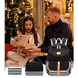 Lmeison Backpack for Teen Girls Cute School Backpacks with Lunch Bag Teens Boobag Set for Women School Bag for Middle School High School Canvas Back Pack for Teenages, Striped Black, 3 in 1