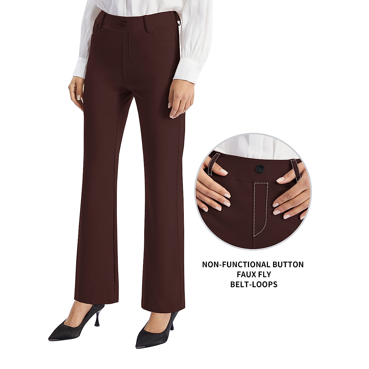 AFITNE Women's Yoga Dress Pants Stretchy Straight Leg Bootcut Work Travel Pants Business Office Casual Slacks with Pockets 31" Brown, M