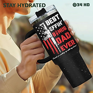 34HD Best Bonus Dad Tumbler with Handle & Straw, 40oz Vacuum Insulated Stepdad Cup with Nutrition Facts, Birthday Christmas Father Day Gifts for Adopted Stepup Dad Chosen Papa Stepfather