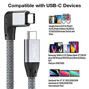 USB C to USB C Cable 100W, 20Gbps 90 Degree Right Angle 4K@60Hz Video Output Cable (USB C 3.1 & 3.2 Compatible) with E-Marker for Thunderbolt 3, Oculus Quest, MacBook, iPad Pro, Pixel, Switch, 3.3FT