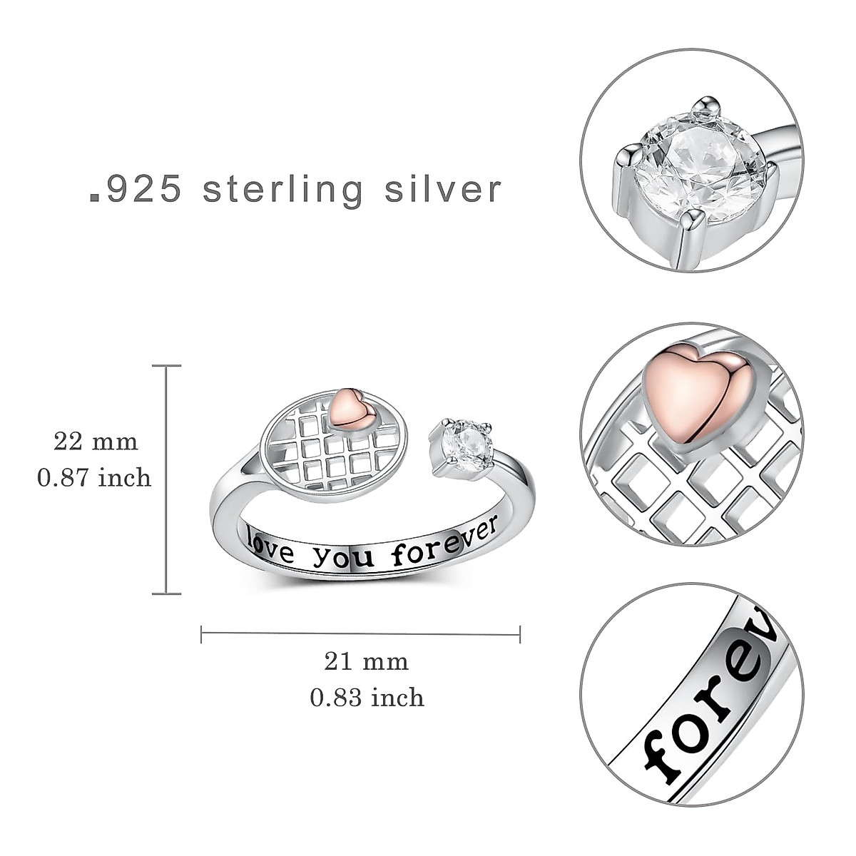 Peireara Tennis Racket Ring 925 Sterling Silver Adjustable Open Tennis Racket Ring, Engraved I Love You Forever Tennis Themed Sport Jewelry Gifts for Women Mom