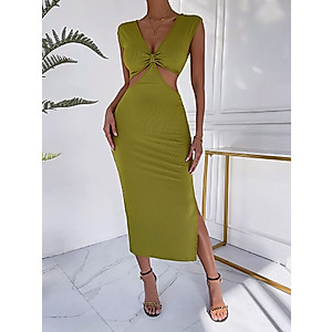 SOLY HUX Women's Sleeveless Deep V Neck Twist Front Cut Out Split Hem Bodycon Dress Olive Green M