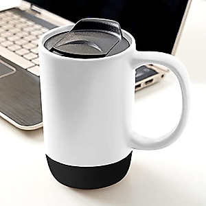 Extra Large Ceramic Coffee Mug w/Lid and Removable Silicone Base - 17 ounce Slideproof Coffee Cups w/Handle and Sip and Cover Lid - Set of 2 Dishwasher Safe Ceramic Travel Mugs - Reusable White Cup