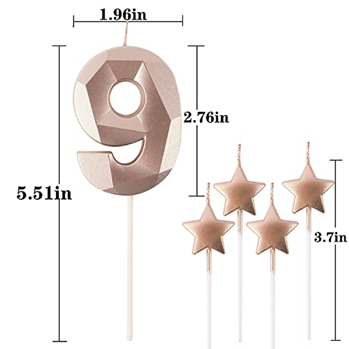 Rose Gold Number 9 Birthday Candles and Star Birthday Candles 2.76 inch Birthday Cake Candles 3D Diamond Shaped Candles are Suitable for Birthday Parties and Anniversary Cake Decorations Candles