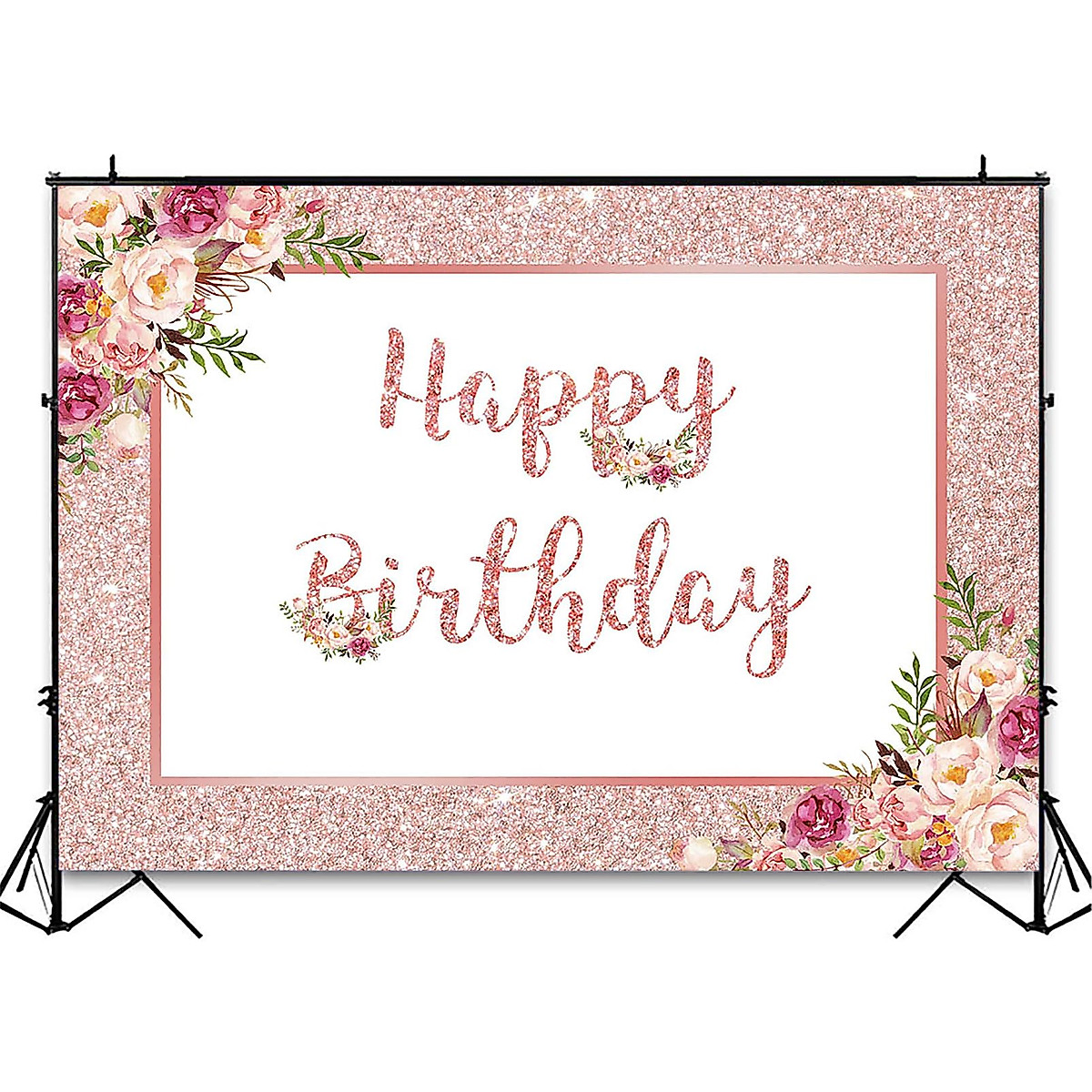 Avezano 6x5ft Rose Gold Birthday Backdrop Pink Glitter Flowers Happy Birthday Party Decorations 16th 21st Birthday Photography Background for Women and Girls Floral Photo Booth Banner