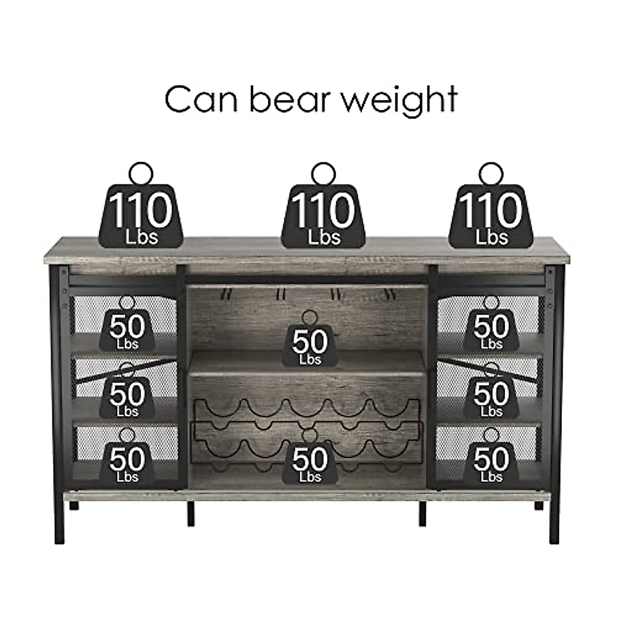 QNICE Industrial Wine Bar Cabinet / 55" Sliding Barn Door Coffee Bar Cabinet/Farmhouse Bar Cabinet with Wine Rack/Dark Rustic Oak/Easy Assembly