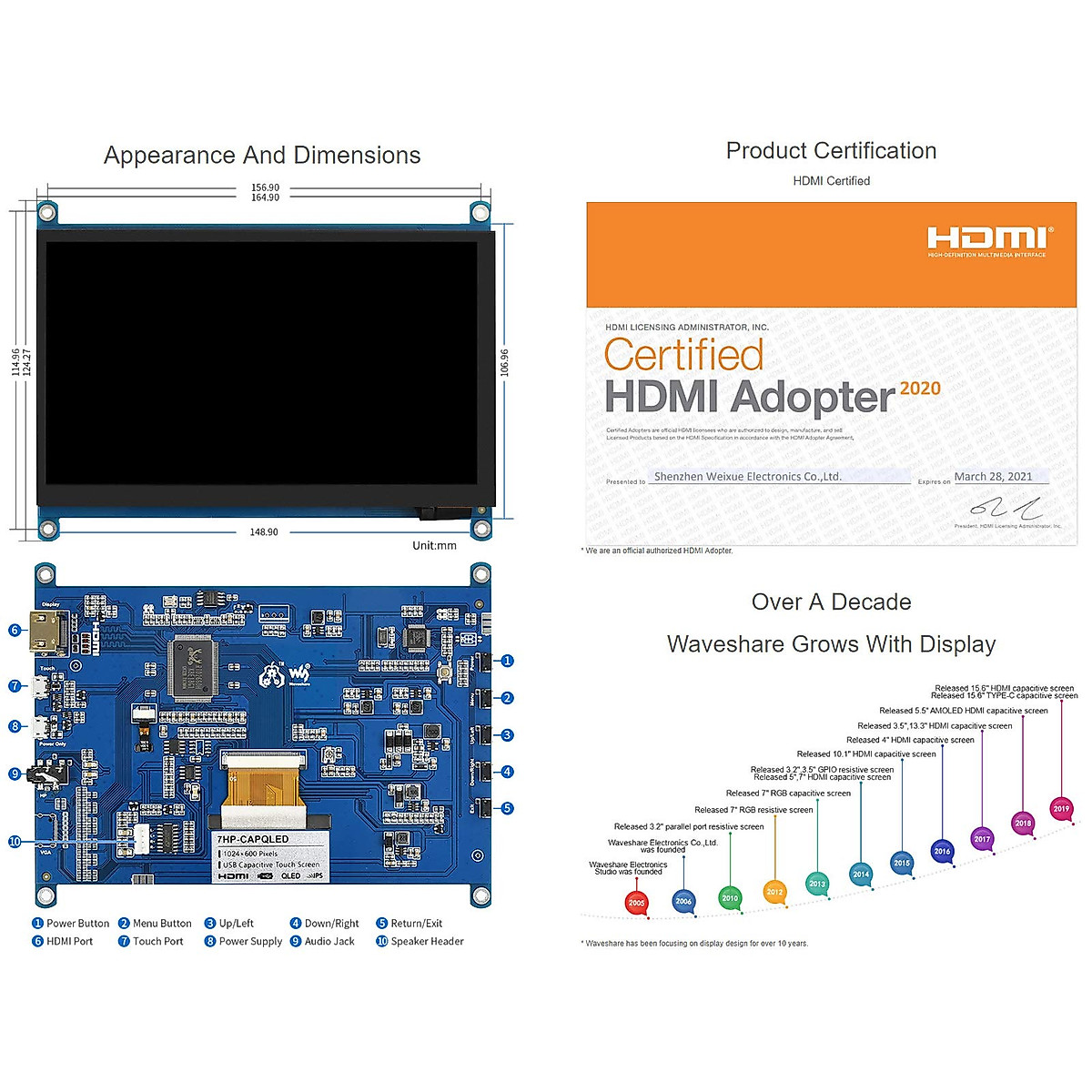 TOP1 7 inch QLED Quantum Dot Display Capacitive Touch Screen Monitor 1024×600 G+G Toughened Glass Panel for Raspberry Pi/Jetson Nano/Game Console, 7HP-CAPQLED