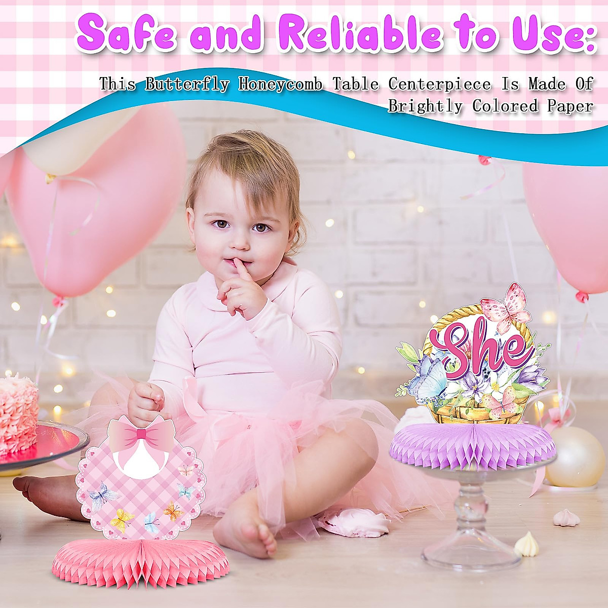 15 Pcs Butterfly Baby Shower Honeycomb Centerpieces It's a Girl Purple and Pink Butterfly Table Decor Floral Butterflies Table Topper Sign for Baby Girl Gender Reveal Birthday Party Decor
