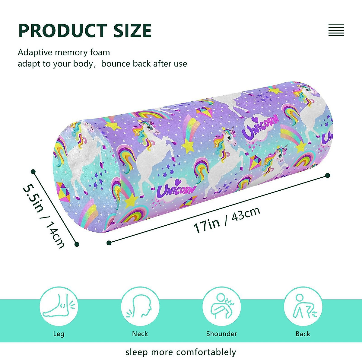 innewgogo Rainbow Unicorn Hearts Stars Cervical Neck Roll Pillow for Pain Relief Memory Foam Neck Pillow with Removable Washable Cover Wedge Pillow for Plane Car Couch Sleeping Travel Office Bed