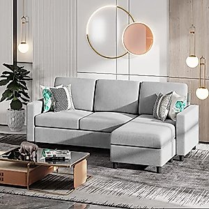 JY QAQA Convertible Sectional Sofa Couch,78’’ L-Shaped Couch with Modern Linen Fabric 3-Seat Wide Reversible Chaise for Small Space(Light Grey)