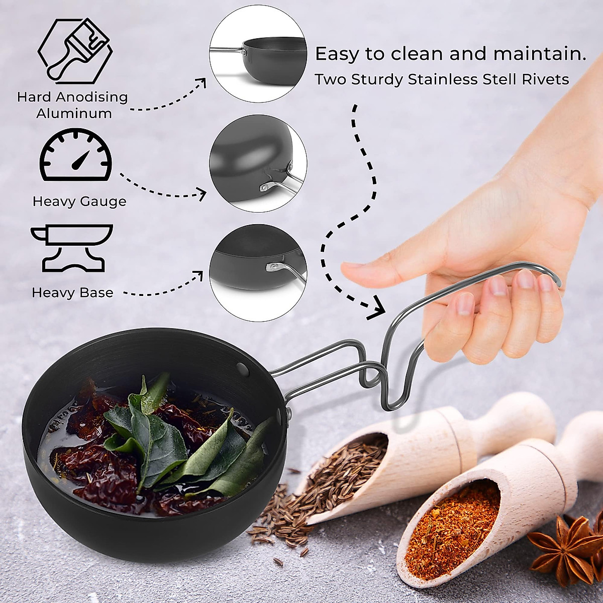 KSJONE Scratch Resistant Coating - Mini Tadka Pan for Eggs, Spices, Melting Butter - and more Tadka Pan,Large Tadka Pan for saag, dal, kadhi, dhokla (4 Inch Diameter)