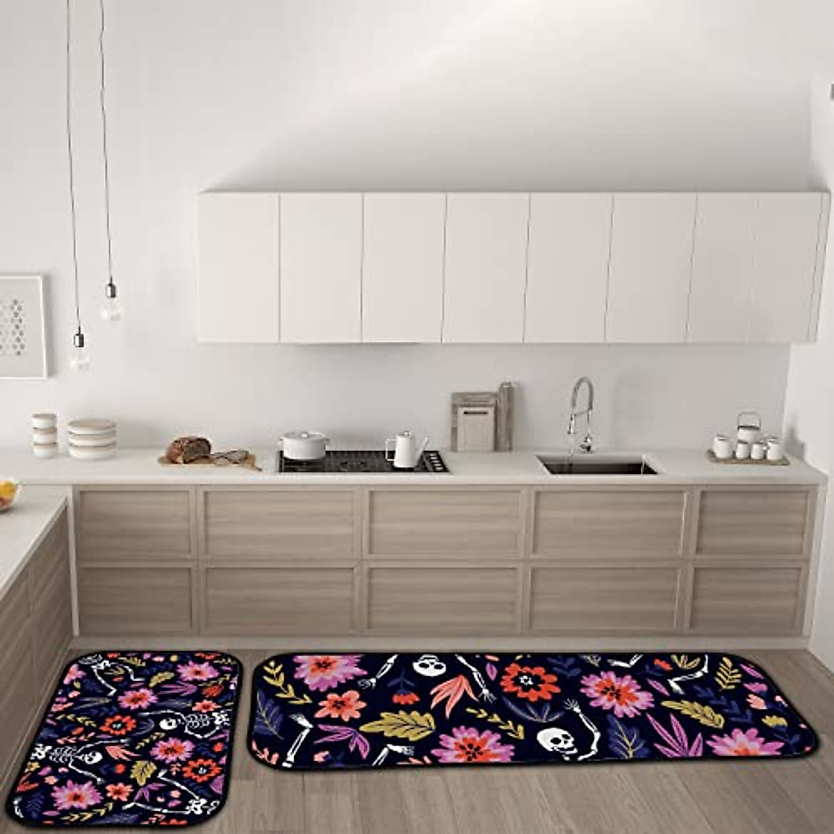 Vantaso Kitchen Floor Mat Rug Floral Halloween Set of 2 Cushioned Non-Slip Comfort Runner Rugs