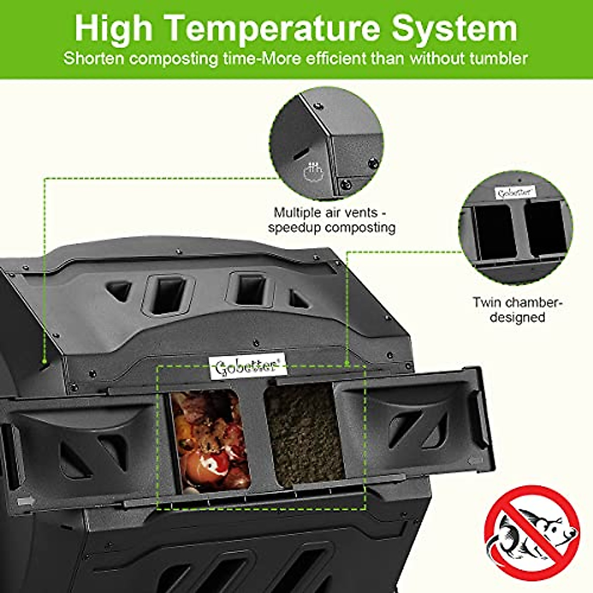 Gobetter 45 Gallon Composting Tumblers, Rotating Composter Bin Outdoor with Certification BPA Free and UV Resistant,Capable,Faster,and Environmentally Friendly
