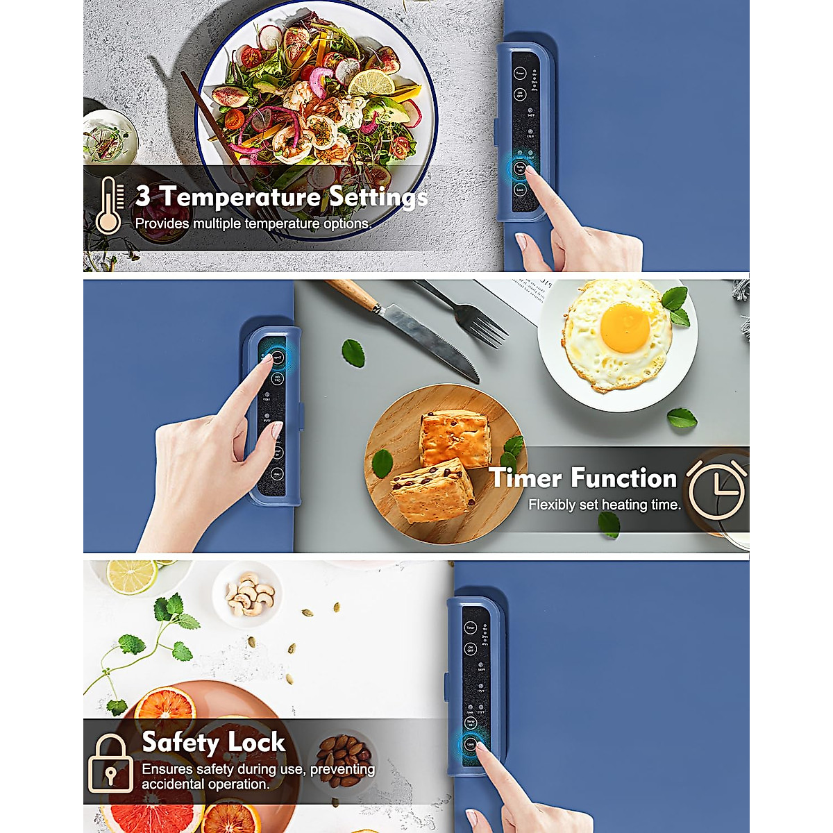 Owenri Food Warming Mat - Roll Up Portable Electric Warming Tray with 3 Temperature Settings, Silicone Heating Mat for Food, Food Warmers for Parties, Buffets Party, Travel, Daily Lives