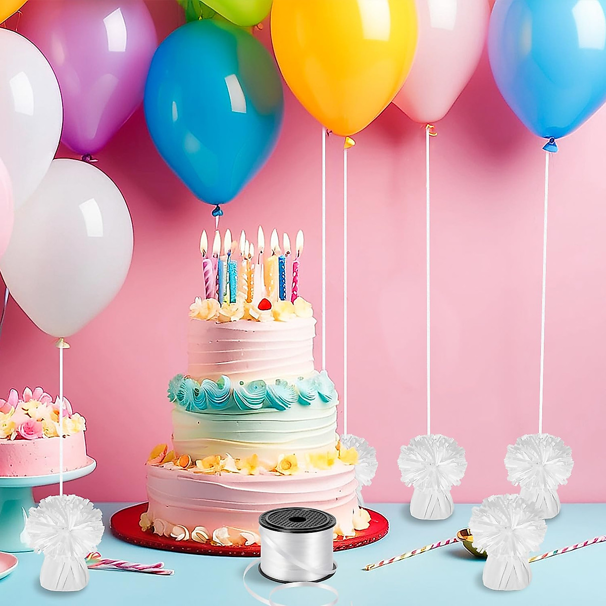 24 PCS Balloon Weights Metallic Anchor, Balloon Holder Heavy Weights with 1 Roll Iridescent Crimped Ribbon for Balloons Table Party Favor Birthday Decor(White)