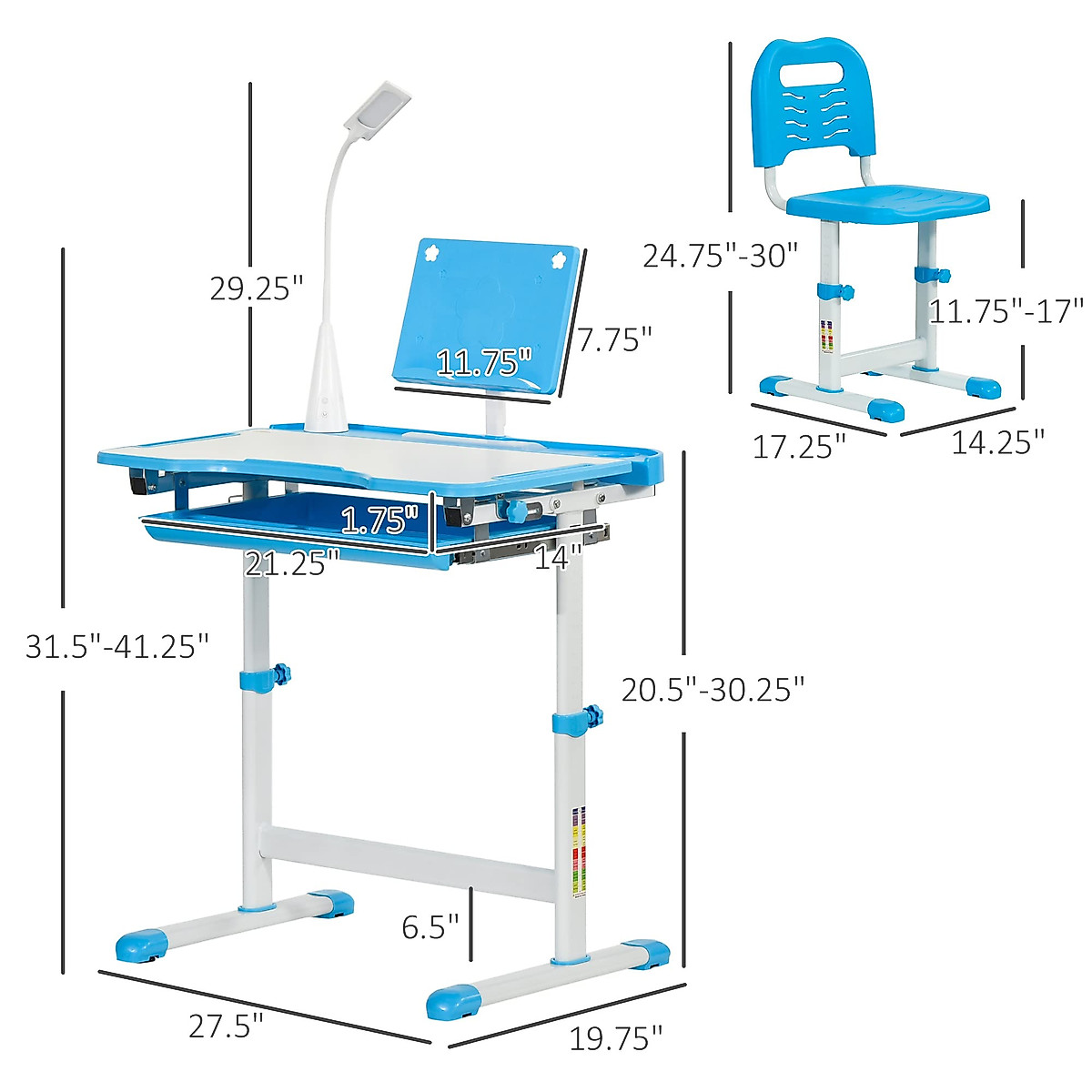 Qaba Kids Desk and Chair Set, School Study Desk with USB Light, Storage Drawer for Writing, Activities, Arts, or Crafts, Blue and White