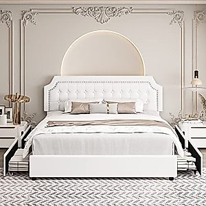Queen Bed Frame with Storage and Adjustable Headboard, Bed Frame with 4 Drawers and Wooden Slats Support, No Box Spring Needed, Noise-Free, Pu, White