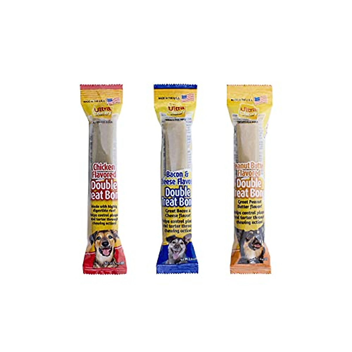 Ultra Chewy Double Treat Bones, Dog Treats, Made in The USA, Healthy Treats, Easy to Digest, Promotes Dental Health, Assorted Flavors (1 Pack/9 Bones Per Pack)