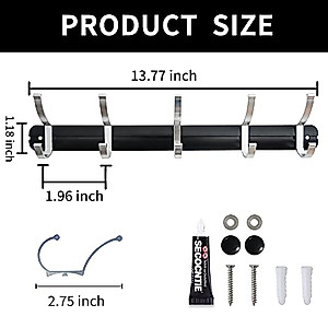 NOZVYCI Wall Mounted Coat Rack Hook with 5 Sliding Hooks Movable Coat Hooks Rack Double Hooks 30kg Load Capacity Stainless Steel Hooks Rail for Hanging Jacket,Backpack,Clothes(Matte Black+Silver)