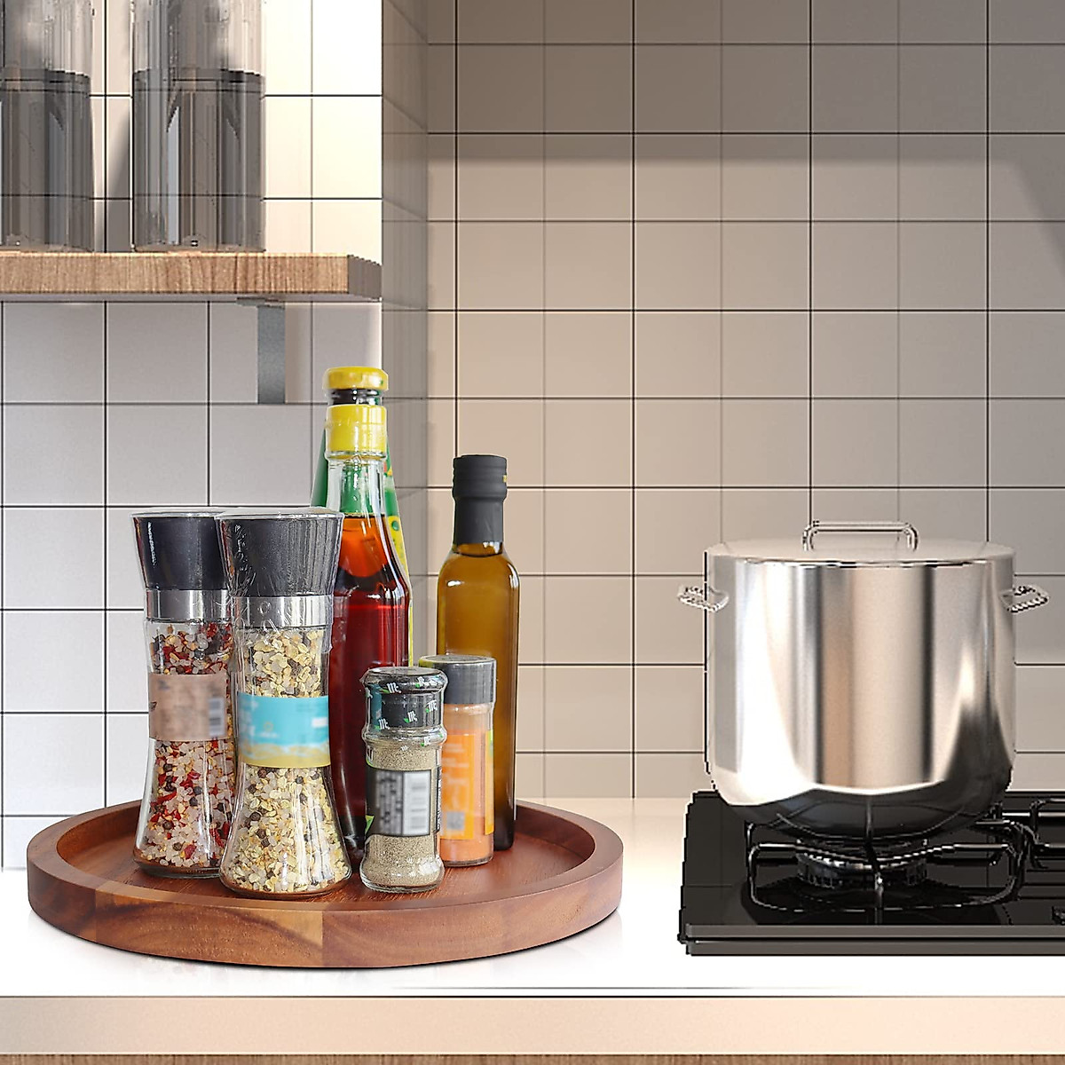 Paninluo Lazy Susan Organizer with Mat - 12 Inch Wooden Lazy Susan for Table Keep Space Organized and Nice,Lazy Susan Turntable for Cabinet、Countertop、Pantry、Spice Rack