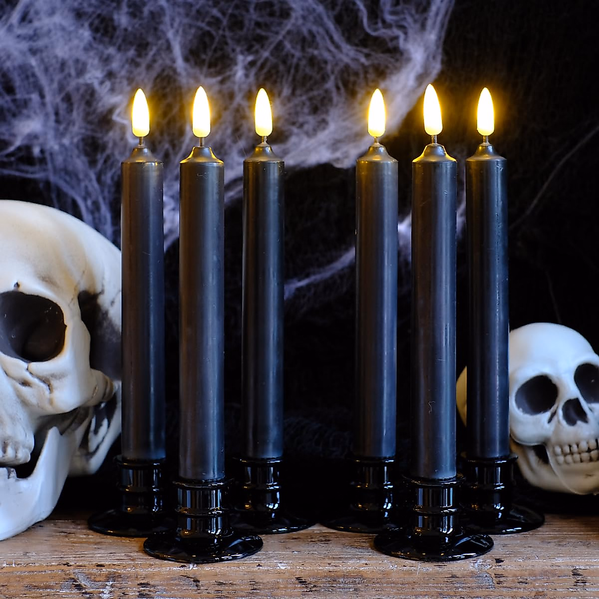 NONNO & ZGF 6PACK Real Wax Black Flameless 8'' Battery Powered Windows Candles with Remote and Timer & Candlestick. Removable Black Candleholders, Patented