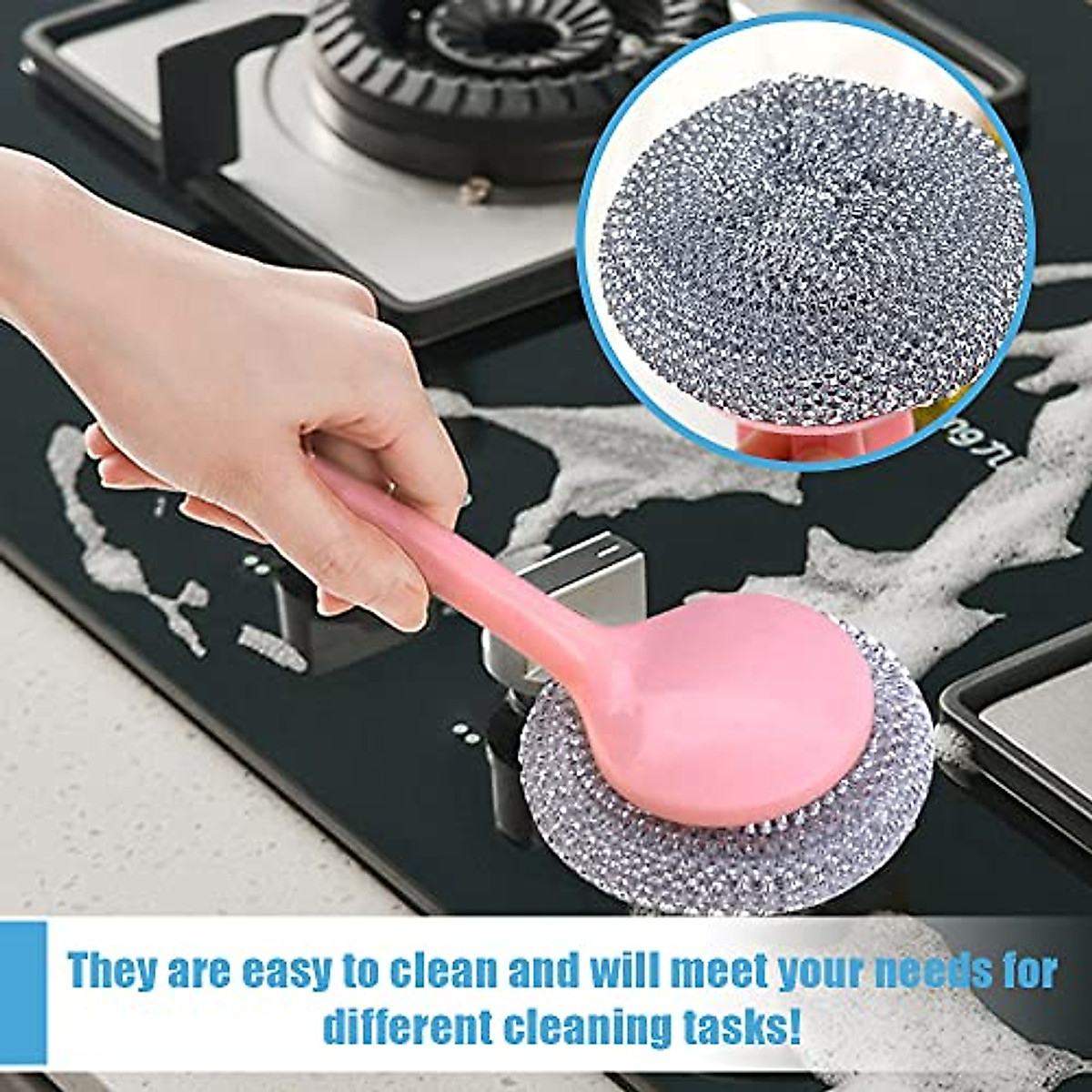 Stainless Steel Sponges Set with Handle, FULANDL 6PCS Steel Wool Scrubber With 3PCS Cellulose Sponge Cloths 2PCS Dual-Sided Scrub Sponges, Scrubbing Scouring Pad Dishes Scrub Cleaning Ball for Kitchen