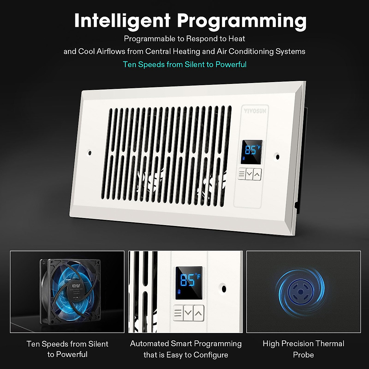 VIVOSUN Quiet Register Booster Fan 4”×10”, Smart Register Vent with Intelligent Thermostat Control, Cooling Heating AC Vent Booster Fan, Matte White