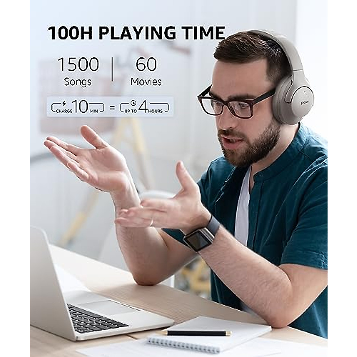 Picun Hybrid Active Noise Cancelling Headphones with Built-in Microphone, 100H Playing Time Hi-Res Audio & Deep Bass Bluetooth Wireless Over Ear Foldable Headphones for Travel, Home, Office, Gym