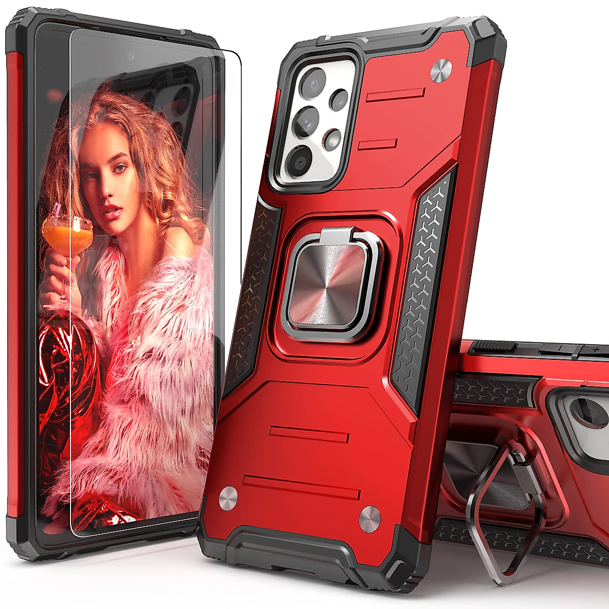 IDYStar Galaxy A52 5G Case with Screen Protector, Galaxy A52 5G Case, Shockproof Drop Test Cover with Car Mount Kickstand Lightweight Protective Cover for Samsung Galaxy A52 5G, Red