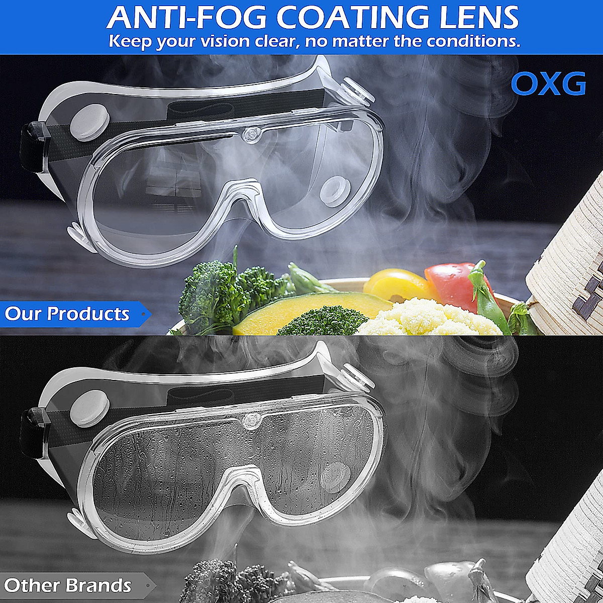 OXG 6 Pack Anti-Fog Safety Glasses Over Eyeglasses，Protective Safety Goggles ANSI Z87.1 Lab Goggles Men Women