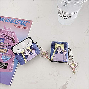 LUCKESSA Girls Women Beautiful Purple Star Sailor Moon Girl Pattern Earphone Case for AirPods 1/2, Soft IMD Sailor Moon Lightweight Rechargeable Earbud Cover Protective Skin +Magic Wand Keychain