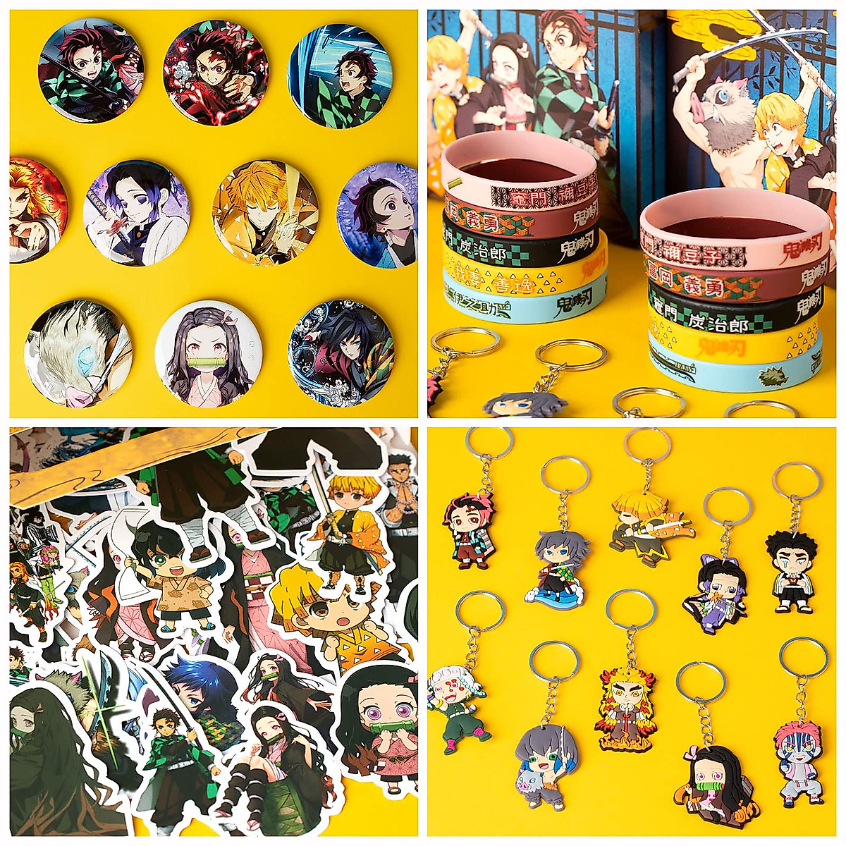 Birthday Party Supplies, 100Pcs Party Favors, Include 10 Gift Case,10 Bracelets,10 Button Pins, 10 Silicone Wristband, 10 Key Chains and 50 Stickers for Kids Anime Themed Party