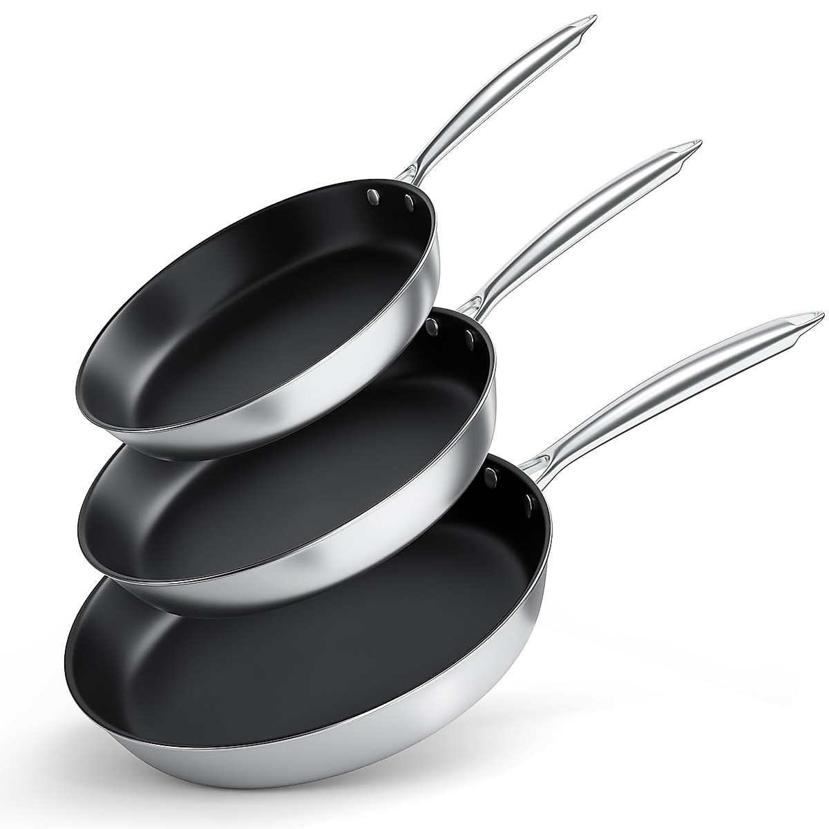 COOKNANO Stainless Steel Nonstick Frying Pan Set, 3 Piece cookware set, Tri-Ply Skillet, 8 inch, 9.5 inch, 11inch Cooking pan, Oven Dishwasher Induction Gas Safe, Silver, Suitable for All Stove