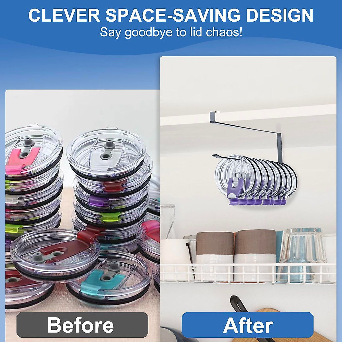 Xlajiao 2 Pack Tumbler Lid Organizer, Premium Tumbler Lid Storage Hook Up to 20 Lids, Space Saving Cup Lid Holders Under Cabinet Tumbler Lid Hook for Kitchen Organizer, No Adhesive No Drill (Black)