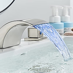 Oulantron Waterfall Widespread Bathroom Sink Faucet Bathroom Basin Sink Faucet LED with Changing 2 Handle 3 Hole Brushed Nickel Cold and Hot Water Mixer Vanity Bathroom Faucet