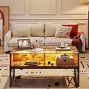 Bestier LED Coffee Tables for Living Room, 42 Inch Wood Center Table with Glass Top for Game Night. Living Room Tables Rustic Brown