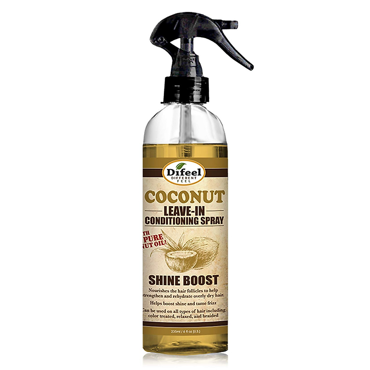 Difeel Shine Boost Leave in Conditioning Treatment - 100% Pure Coconut Oil 6 oz. with Spray Cap & Dispensing Cap