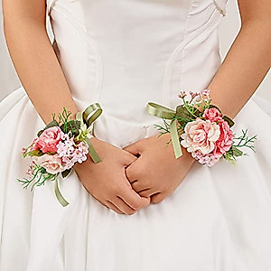 Campsis Wedding Bridal Wrist Flower Corsage Pink Handmade Leave Hand Flower Bride Bridesmaid Ribbon Wristlet for Prom Party Beach Photography 2PCS
