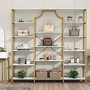 Loomie Triple Wide Bookshelf, 70.87" W/H Large Tall Etagere Bookcase, Modern 13-Open Shelves Geometric Bookshelf, Display Storage Metal Book Case, for Bedroom, Home Office & Living Room, Gold & White