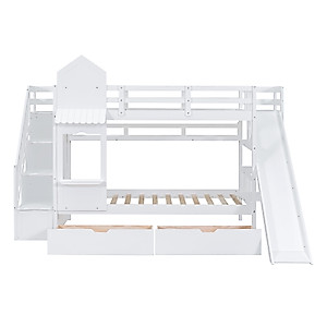 MERITLINE Twin Over Twin Bunk Bed for Kids, Castle Bunk Beds with 2 Drawers 3 Shelves and Slide, Solid Wood Twin Bunk Bed for Kids Girls Boys Teens (White)