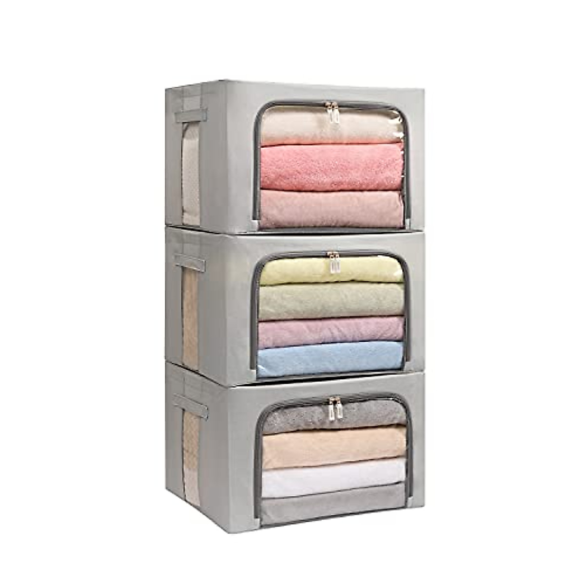 3Pack Frame Storage Box - Clothes Storage Bin Bags Oxford Fabric Foldable Stackable Container Organizer Set with Clear Window & Carry Handles Large Capacity (Grey, Large-66L)