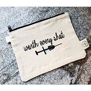 Ink Trendz® Infertility Warrior IVF IUI Makeup Bag, Pencil Pouch Hemp Canvas Zipper Pouch 7" x 9" (Worth Every Shot)